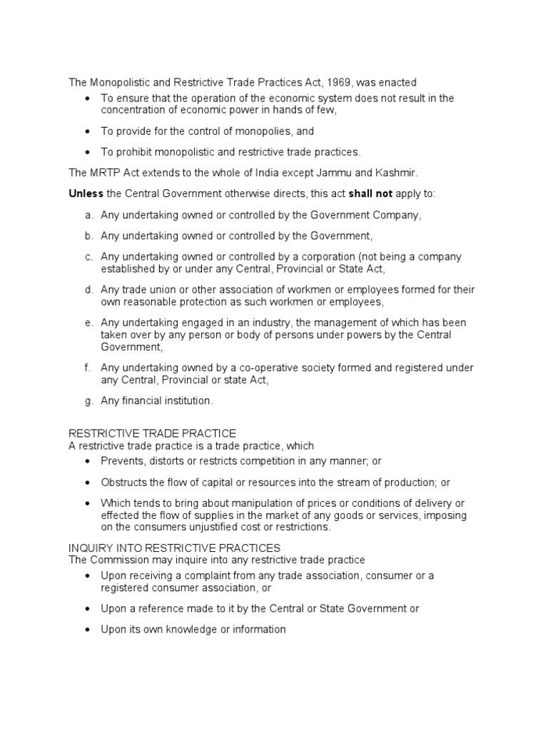 The Monopolistic and Restrictive Trade Practices Act | Monopoly ...