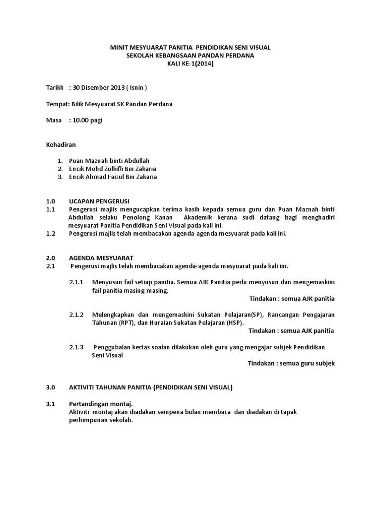 Minit Mesyuarat Panitia Pendidikan Seni Visual | PDF