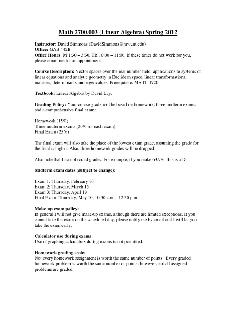 Linear Algebra Syllabus | PDF | Matrix (Mathematics) | Linear Subspace