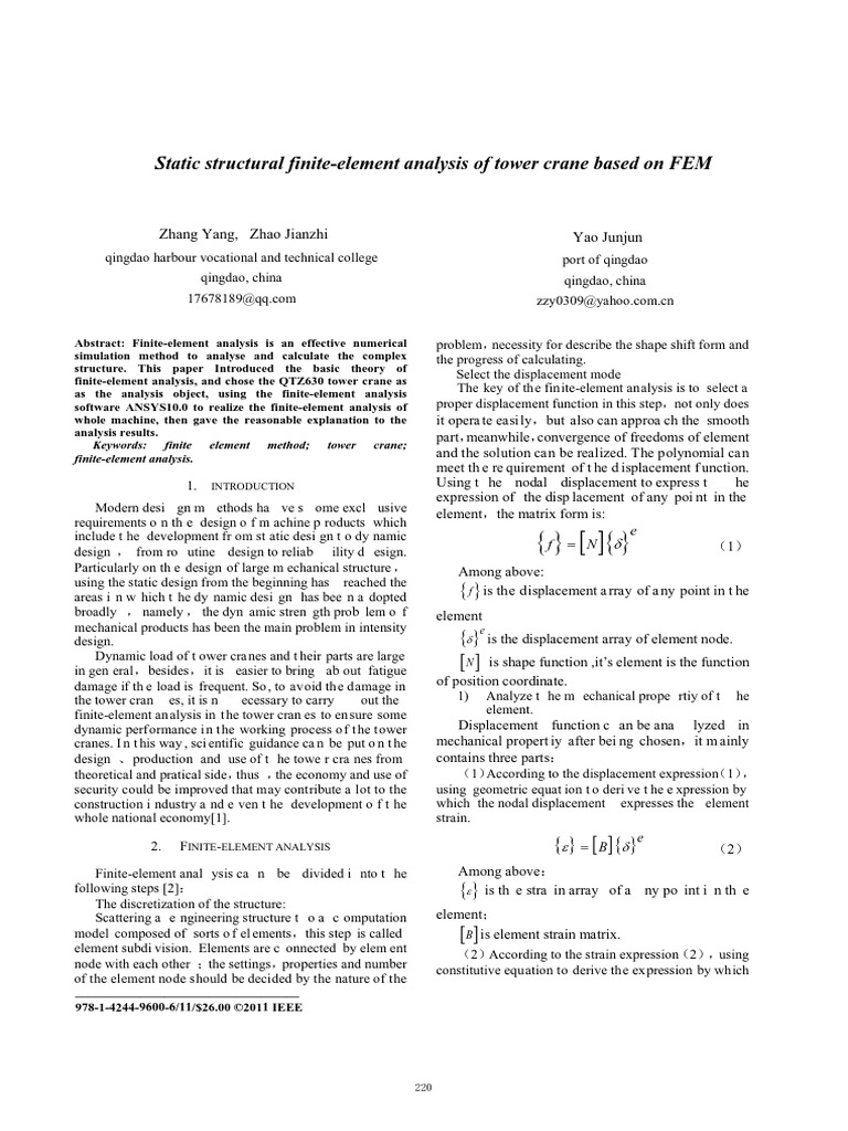 Static Structural Finite Element Analysis Of Tower Crane Based On Fem Finite Element Method