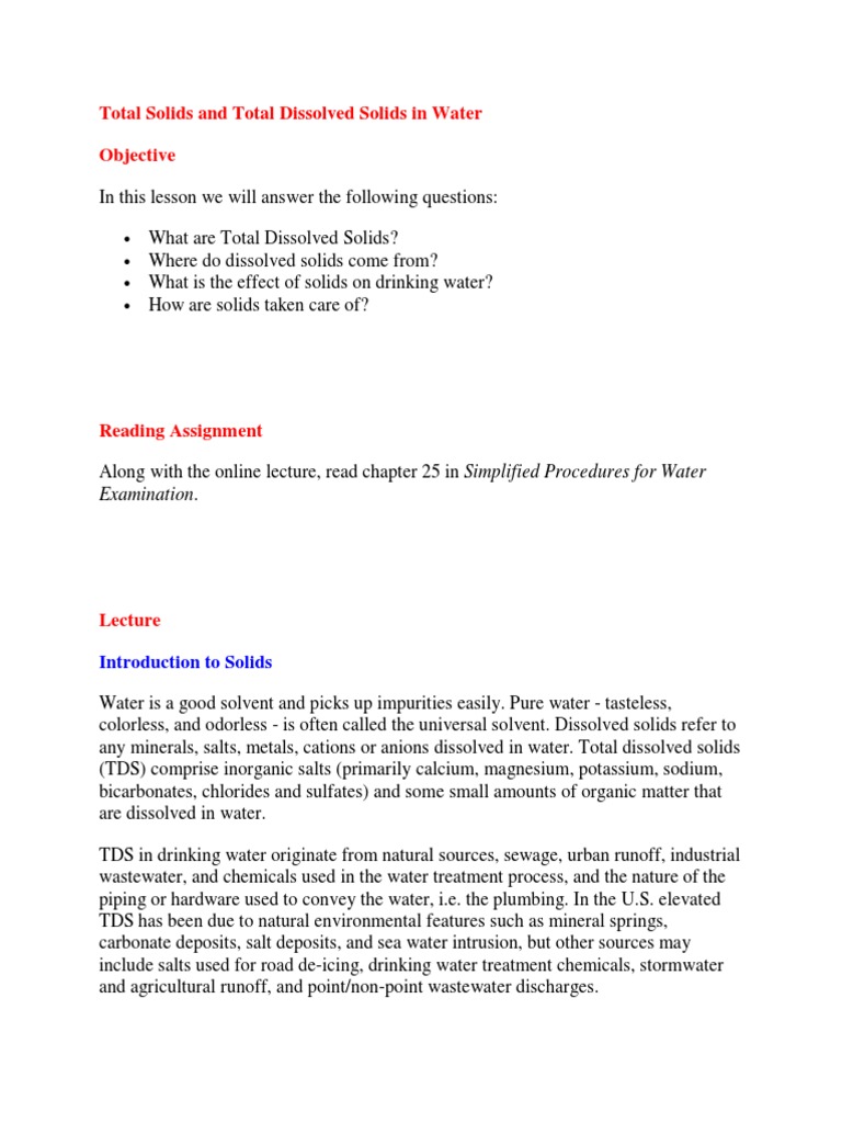 Total Solids and Total Dissolved Solids in Water | PDF | Filtration | Soil