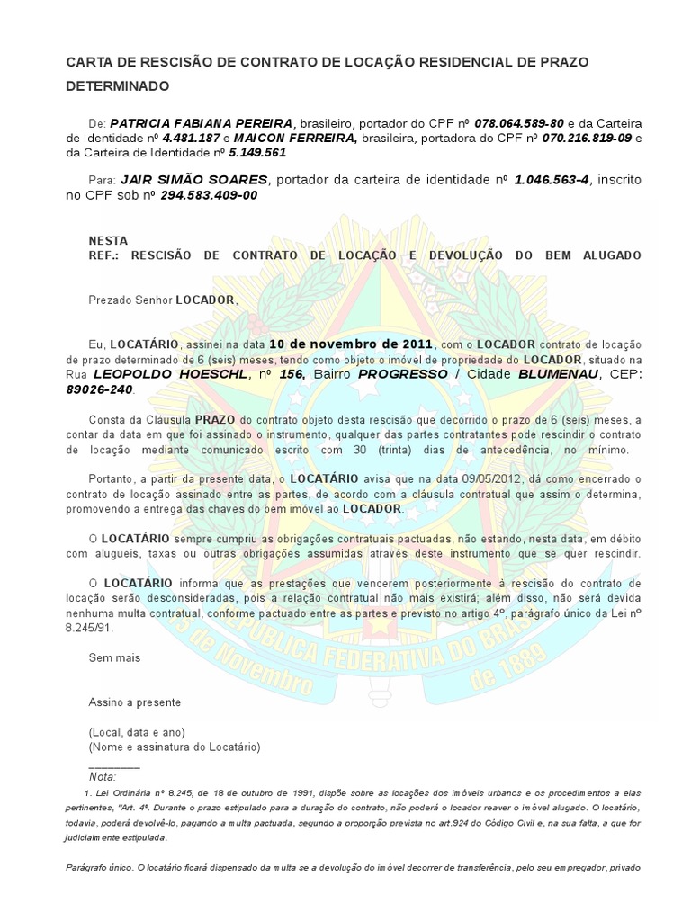 CARTA DE RESCISÃO DE CONTRATO DE LOCAÇÃO RESIDENCIAL DE PRAZO ...
