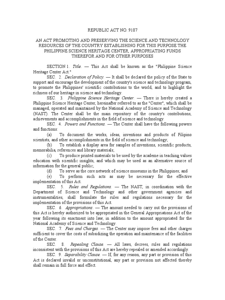 Ra 9107 | PDF | Repeal | Science
