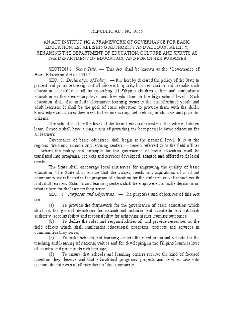 Ra 9155 | PDF | Governance | Curriculum