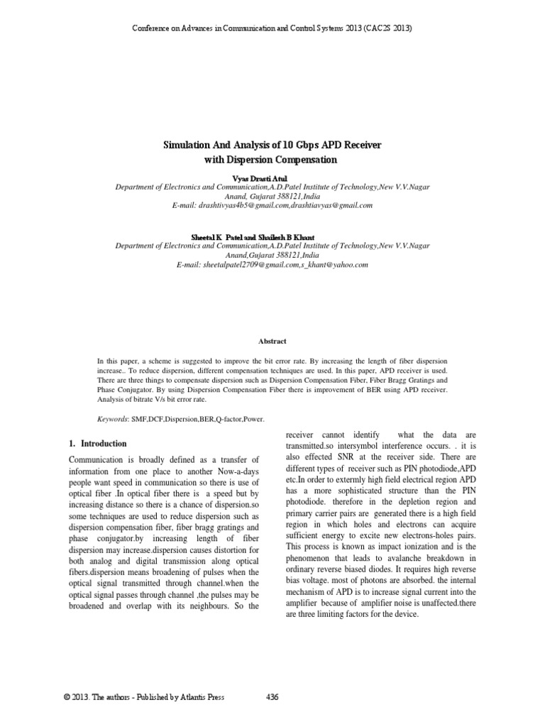 Simulation and Analysis of 10 Gbps APD Receiver With Dispersion ...
