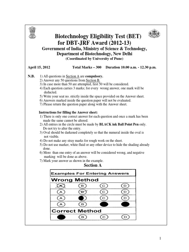 DBT BET Question Paper 2012 With Answer Key | PDF | Messenger Rna | Dna