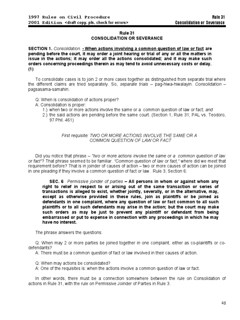 Rule 31 - Consolidation or Svrnce | PDF | Joinder | Complaint