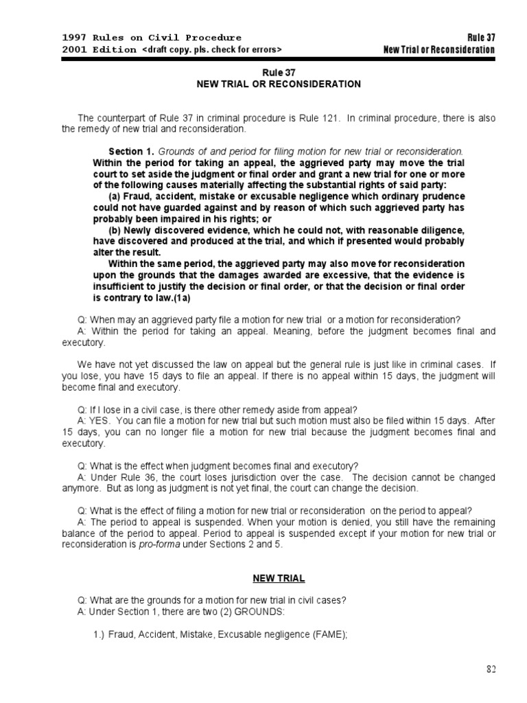 Rule 37 - New Trial or Reconsideration | PDF | Complaint | Separation ...