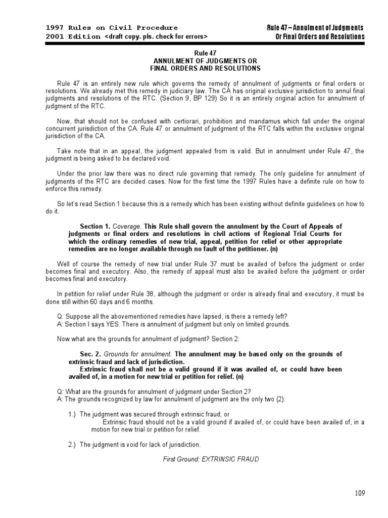 Rule 47 - Annulment of Jdgmnts | PDF | Annulment | Judgment (Law)