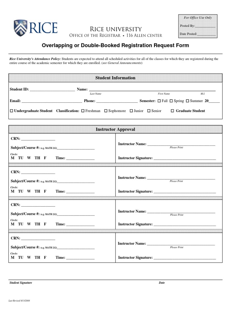 Rice University Registration Request Form | PDF | Career & Growth ...
