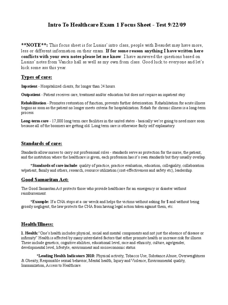 Intro To Healthcare Focus Sheet For Exam 9/22/09 | PDF | Health Care ...