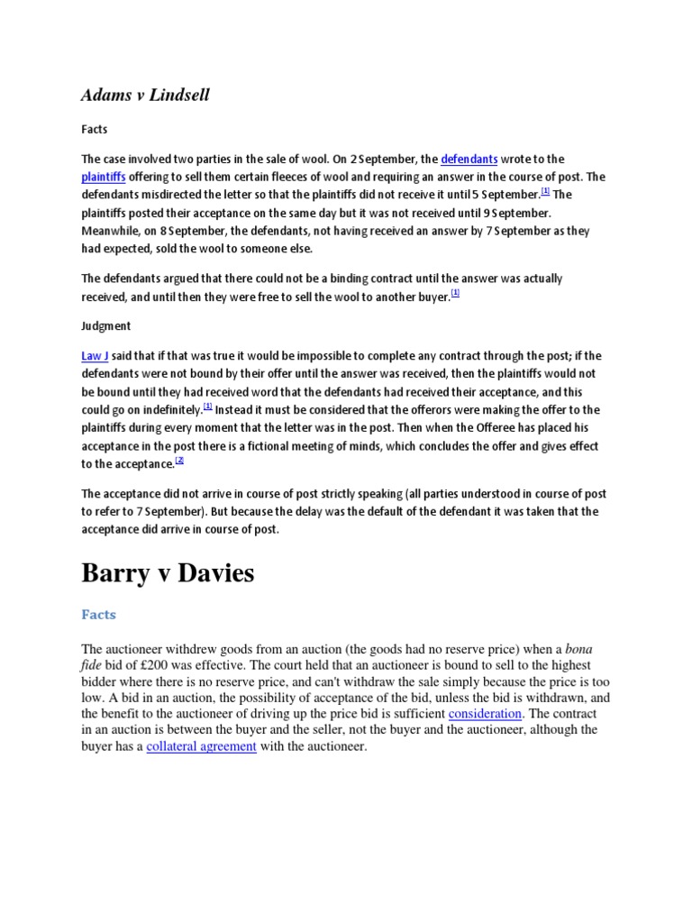 Adams V Lindsell | PDF | Contract Law | Law Of Obligations