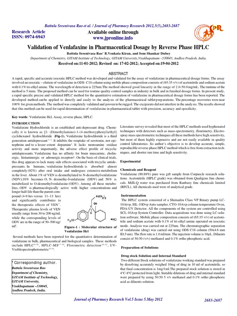 Validation of a Reverse Phase HPLC Method for the Quantitative Analysis of Venlafaxine in ...