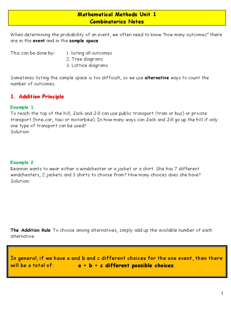 Mathematical Methods Unit 1 Combinatorics Notes: 1. Addition Principle ...