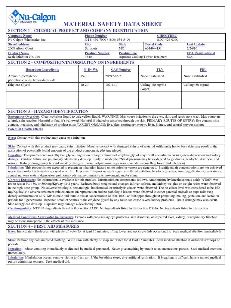 Material Safety Data Sheet: Section 1 - Chemical Product and Company Identification | Download ...