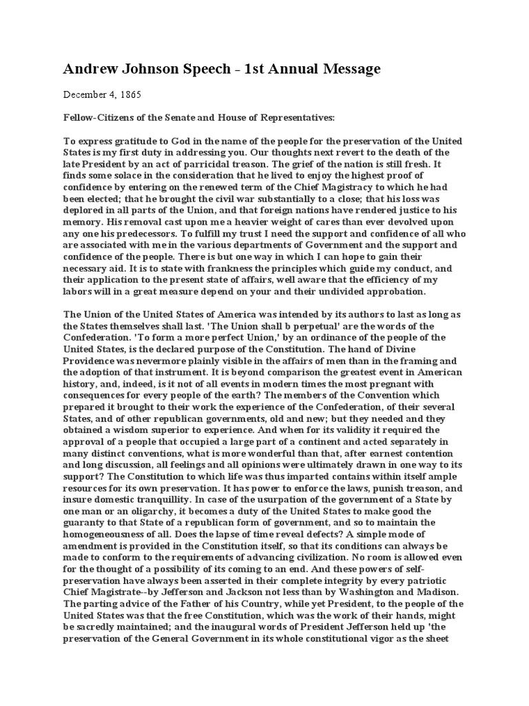 Andrew Johnson Speech | PDF | Suffrage | Electoral College (United States)