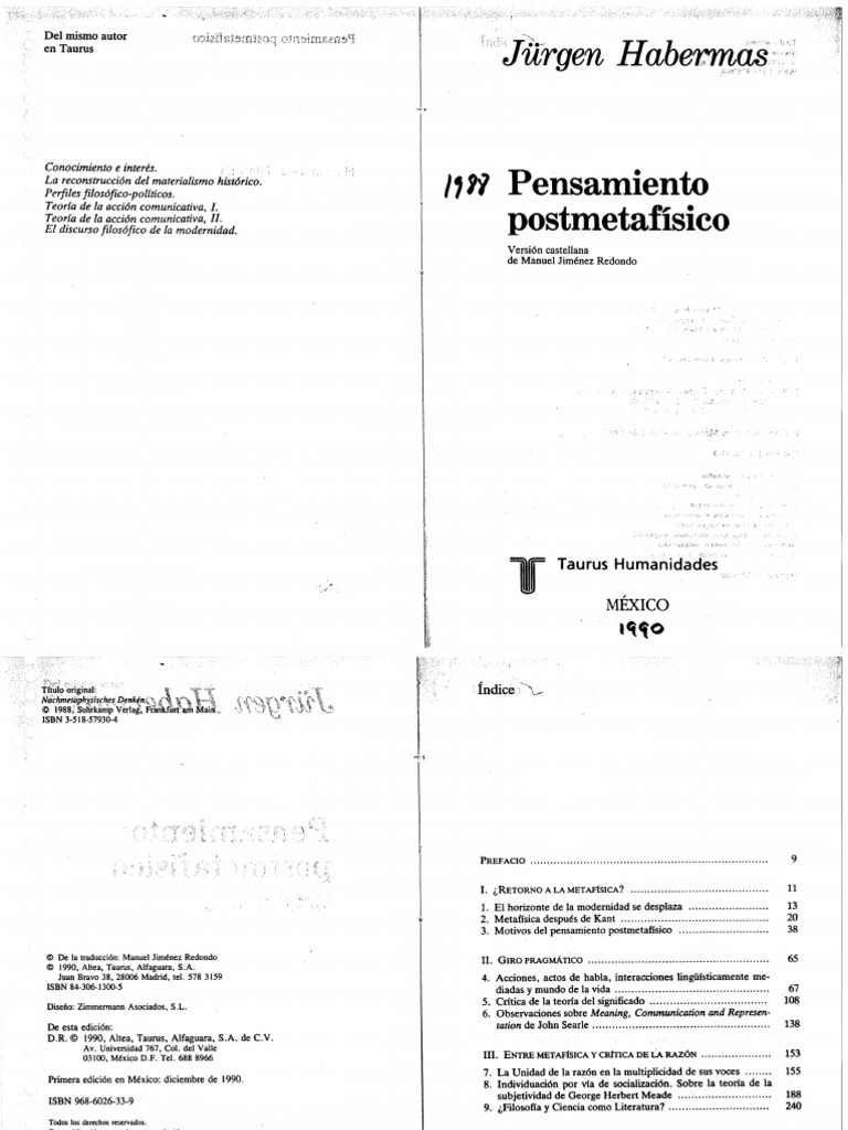 Habermas Jurgen - Pensamiento Postmetafisico | PDF | Metafísica | Conocimiento