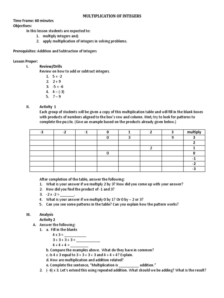 Multiplication of Integers Lesson Plan | PDF | Multiplication | Subtraction