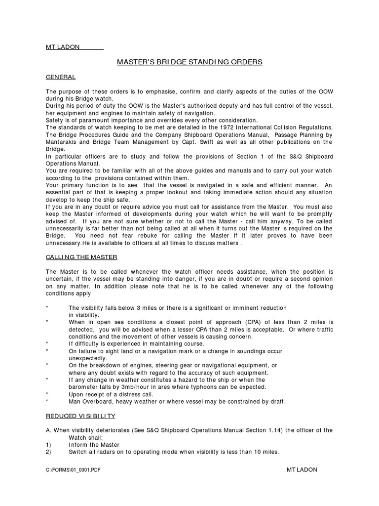 Master'S Bridge Standing Orders: MT Ladon | PDF | Navigation | Compass