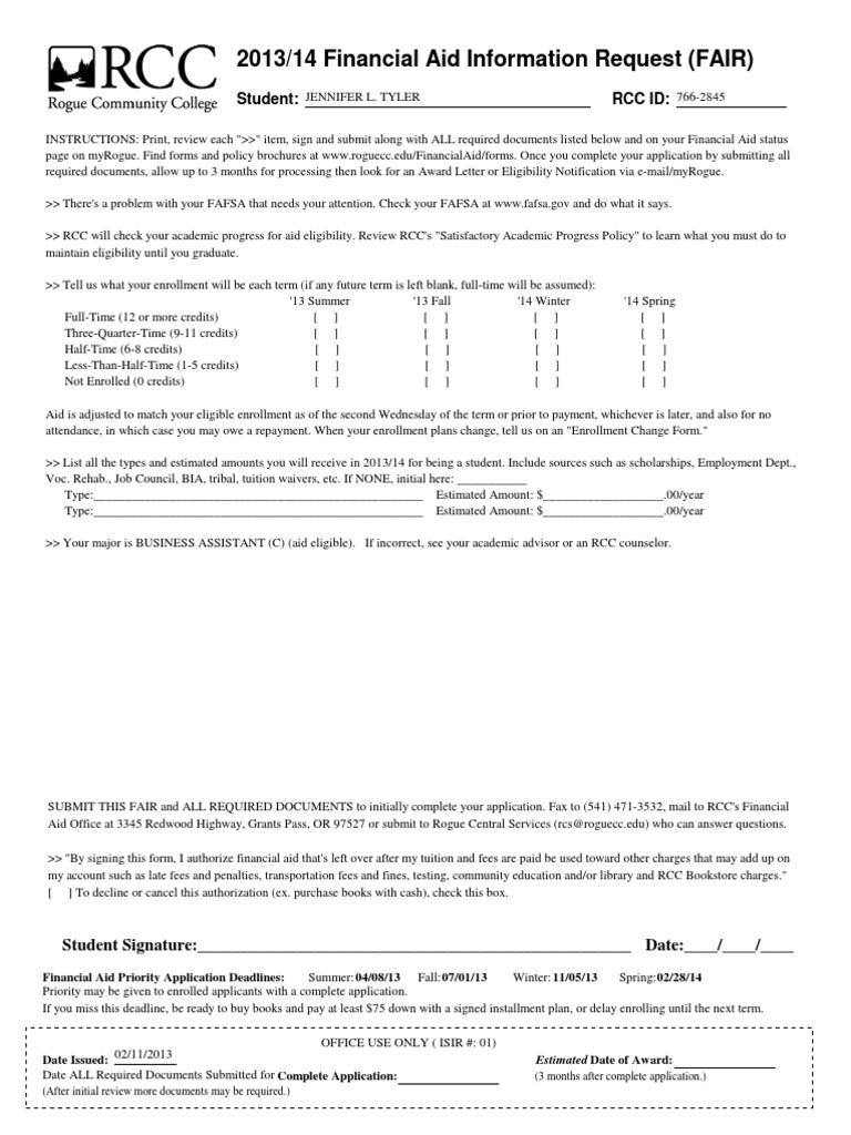 2013/14 Financial Aid Information Request (FAIR) : Student: RCC Id ...