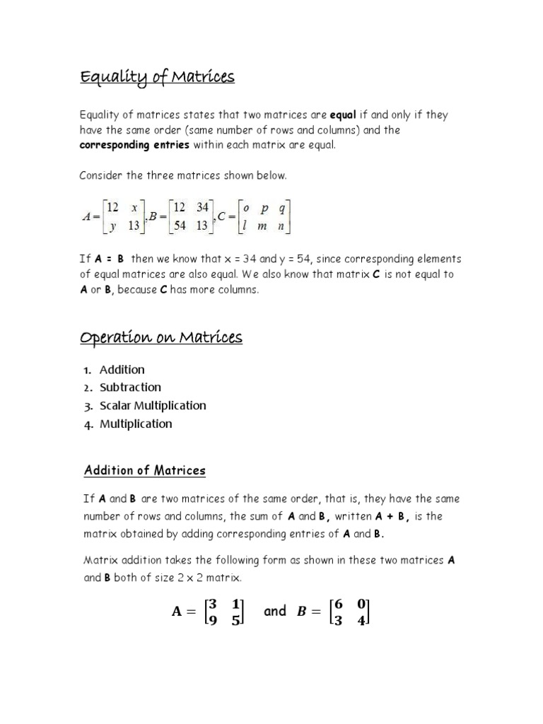 Equality and Operation On Matrices | Download Free PDF | Matrix (Mathematics) | Functions And ...