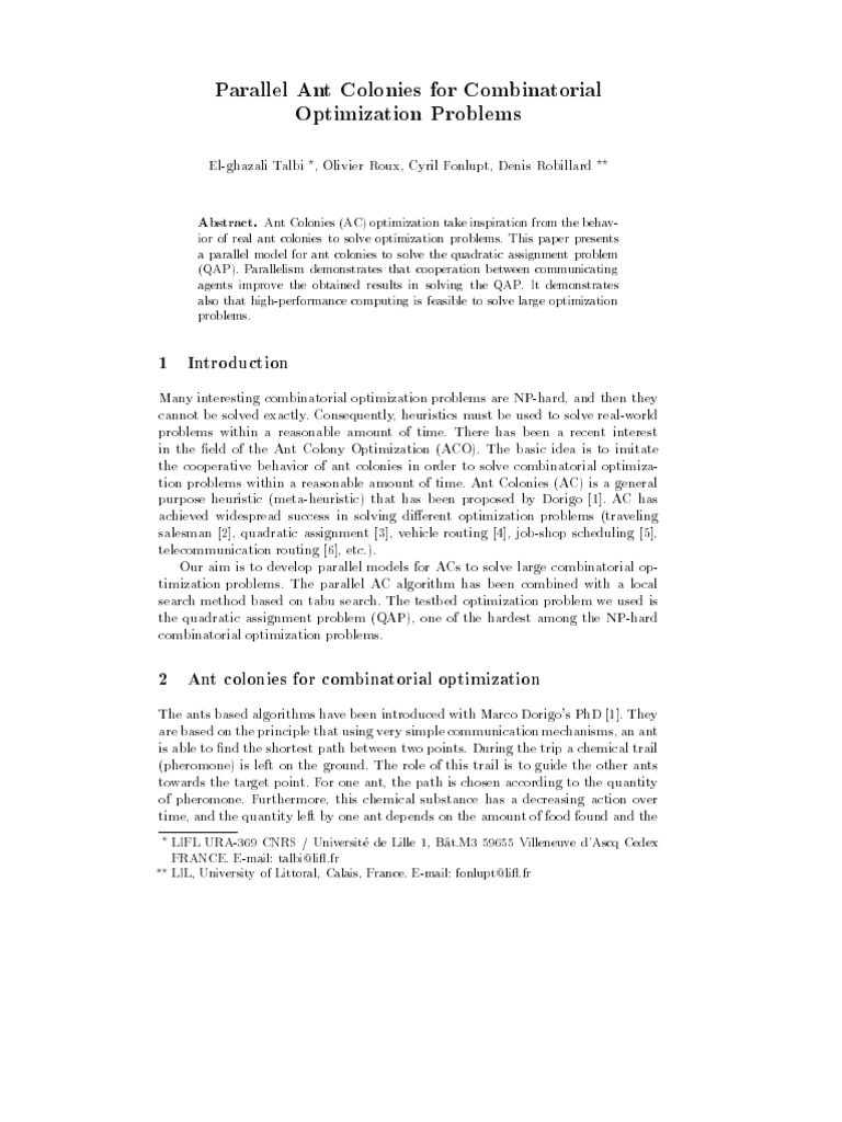Parallel Ant Colonies For Combinatorial Optimization Problems | PDF | Metaheuristic | Systems ...