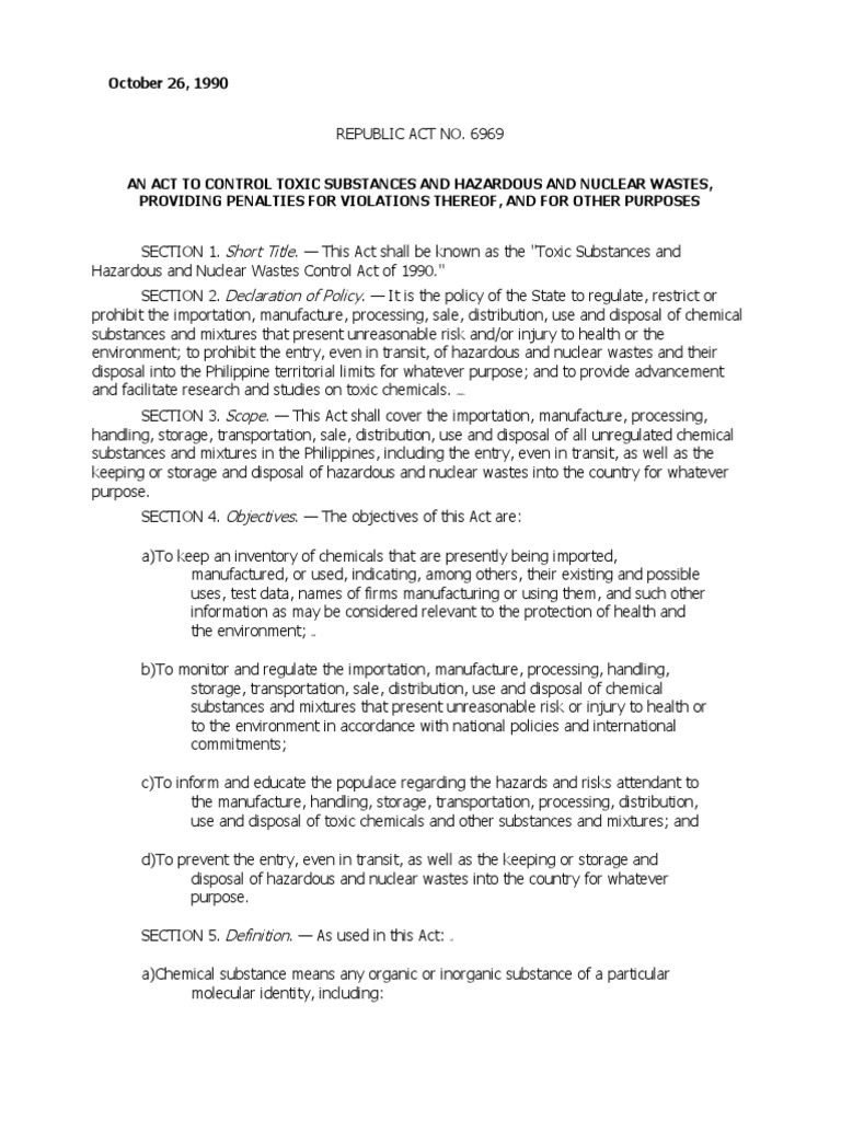 RA 6969 Toxic Substances and Hazardous and Nuclear Wastes Control Act ...
