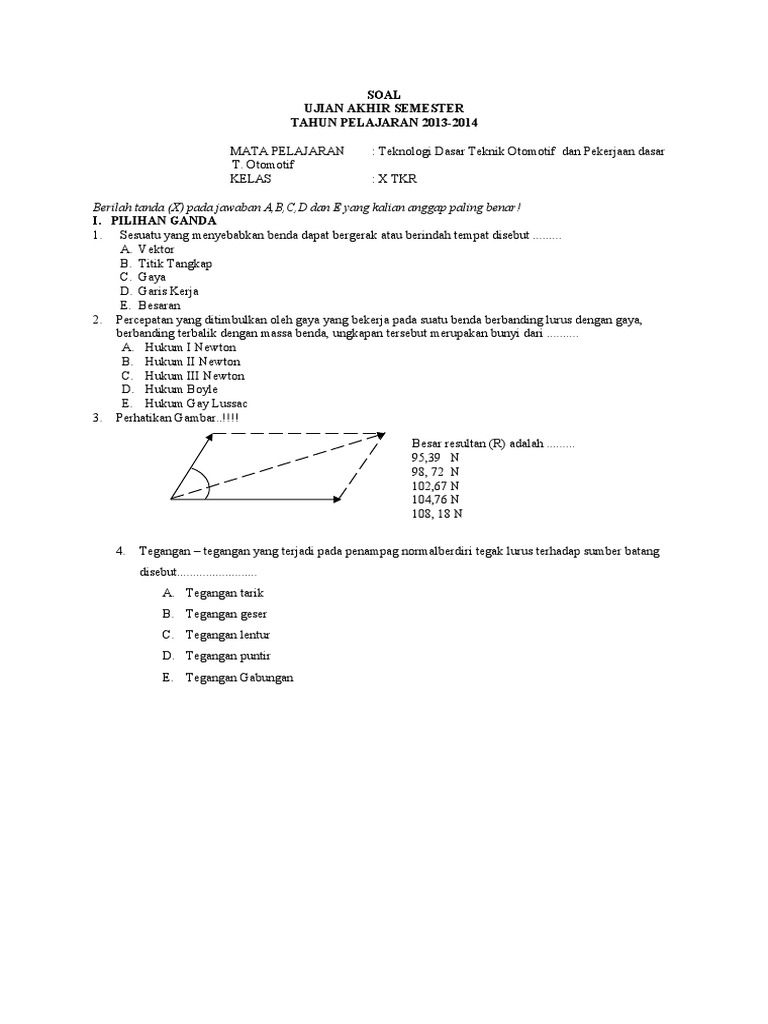 Soal Uas Tdo Oto TKR 2013 | PDF