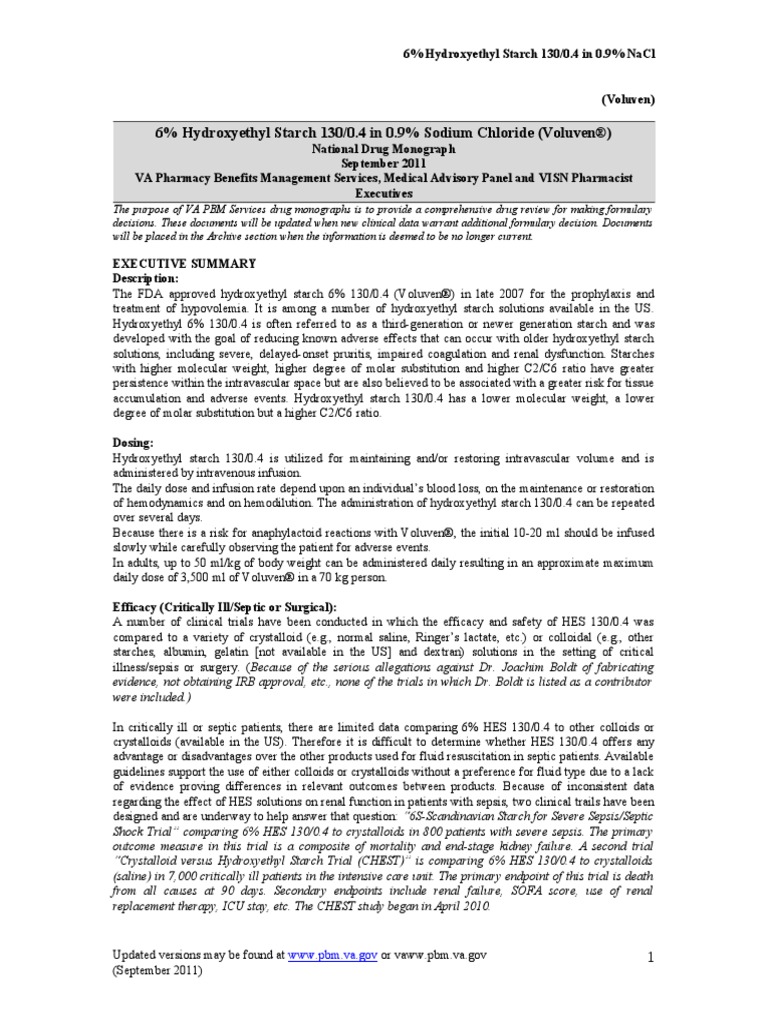 Hydroxyethyl Starch 130-0.4 (Voluven) Monograph | PDF
