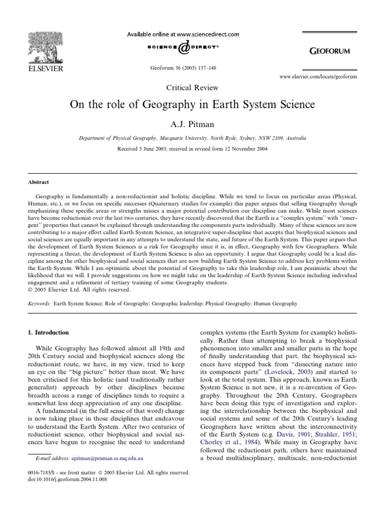 Geography's Role in Earth System Science | PDF | Social Science