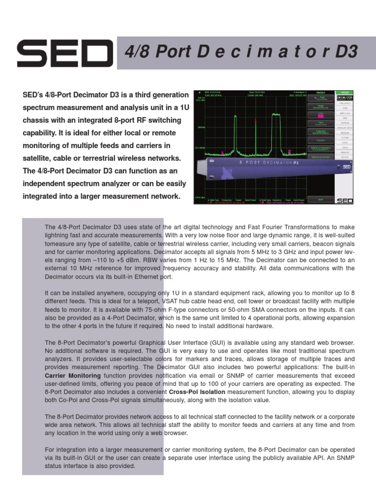 SED 8-Port D3 Decimator / Remote Spectrum AnalyzerData Sheet | PDF | Hertz | Wireless