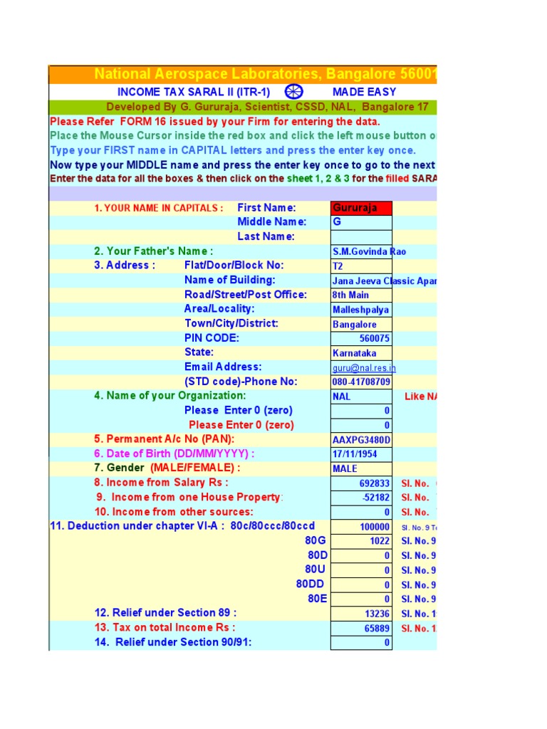SARAL II (ITR1)for the year 2010-11 BY GURURAJA, INDIA(EXCEL file ...