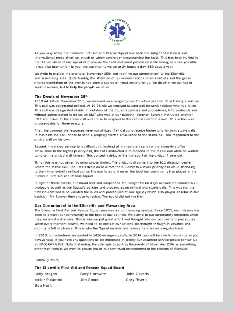 Ellenville First Aid and Rescue Squad letter | Emergency Medical ...