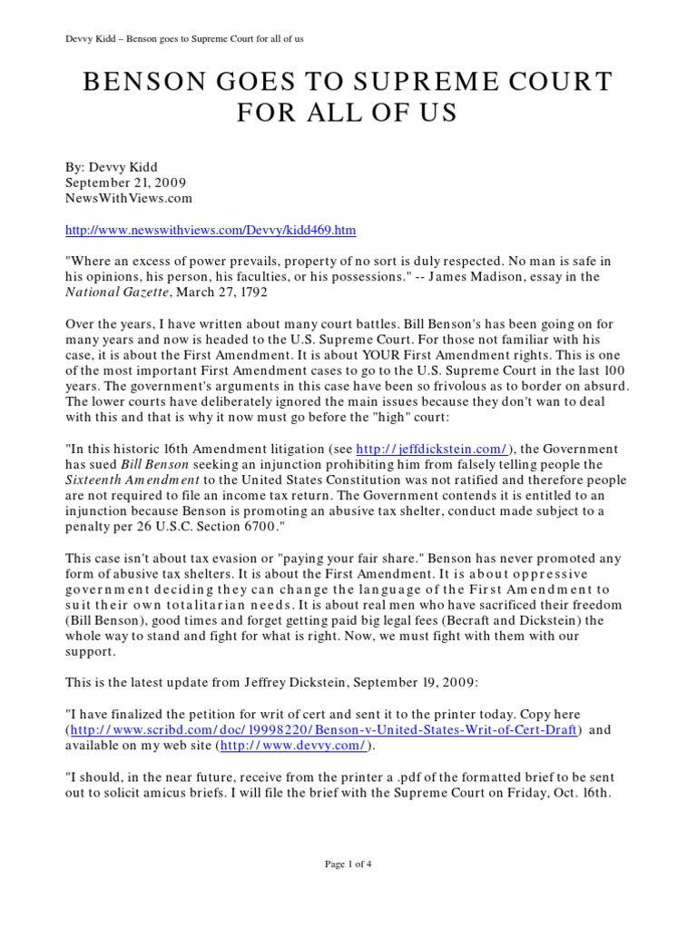 Devvy Kidd - Benson Goes To Supreme Court For All of Us | PDF | First ...