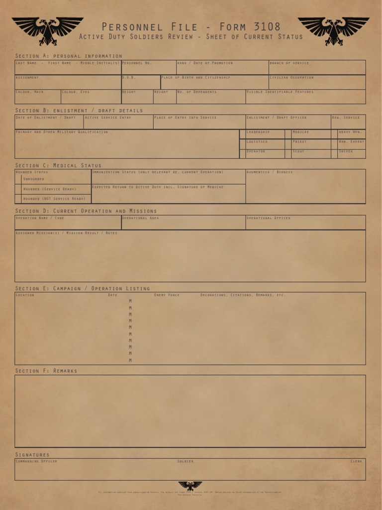 Personnel File - Form 3108: Active Duty Soldiers Review - Sheet of ...