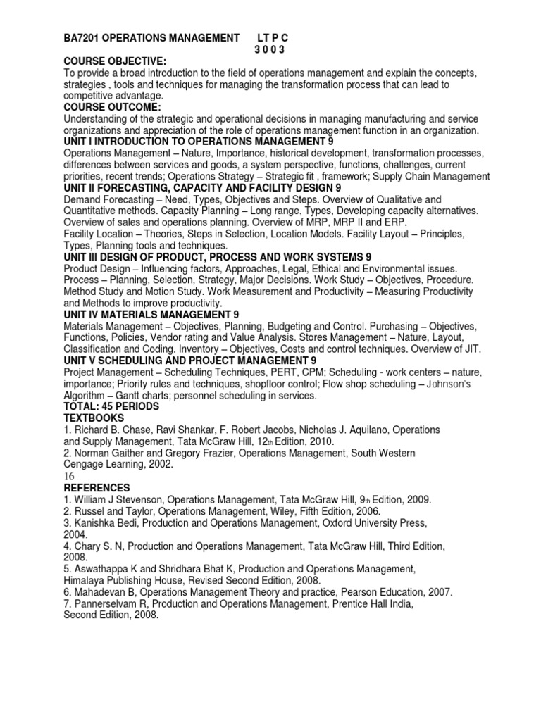 Operations Management Course Syllabus | PDF | Operations Management ...