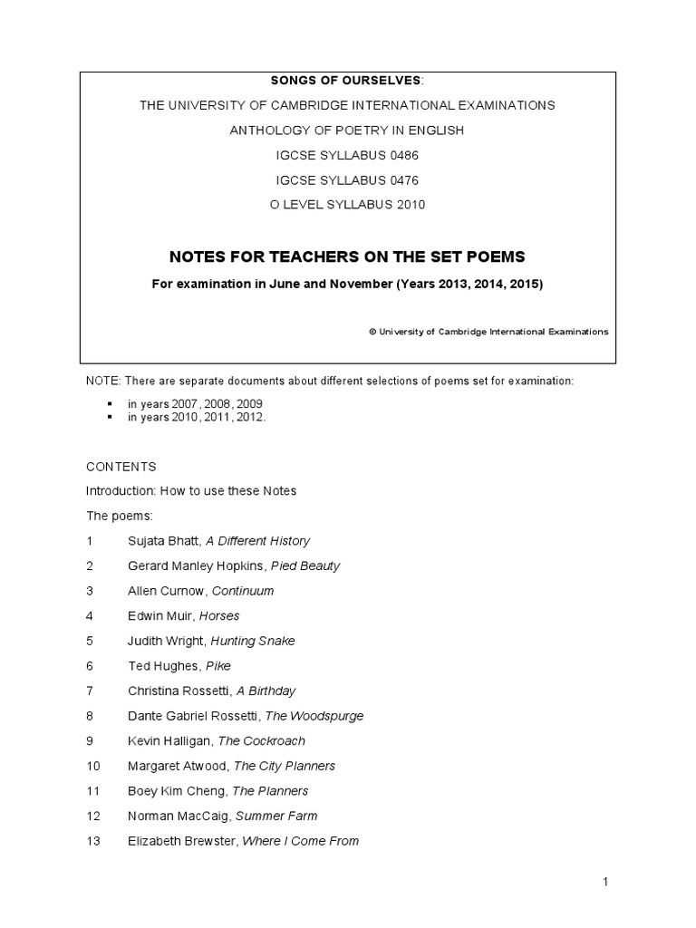 NOTES FOR TEACHERS ON THE SET POEMS For examination in June and ...