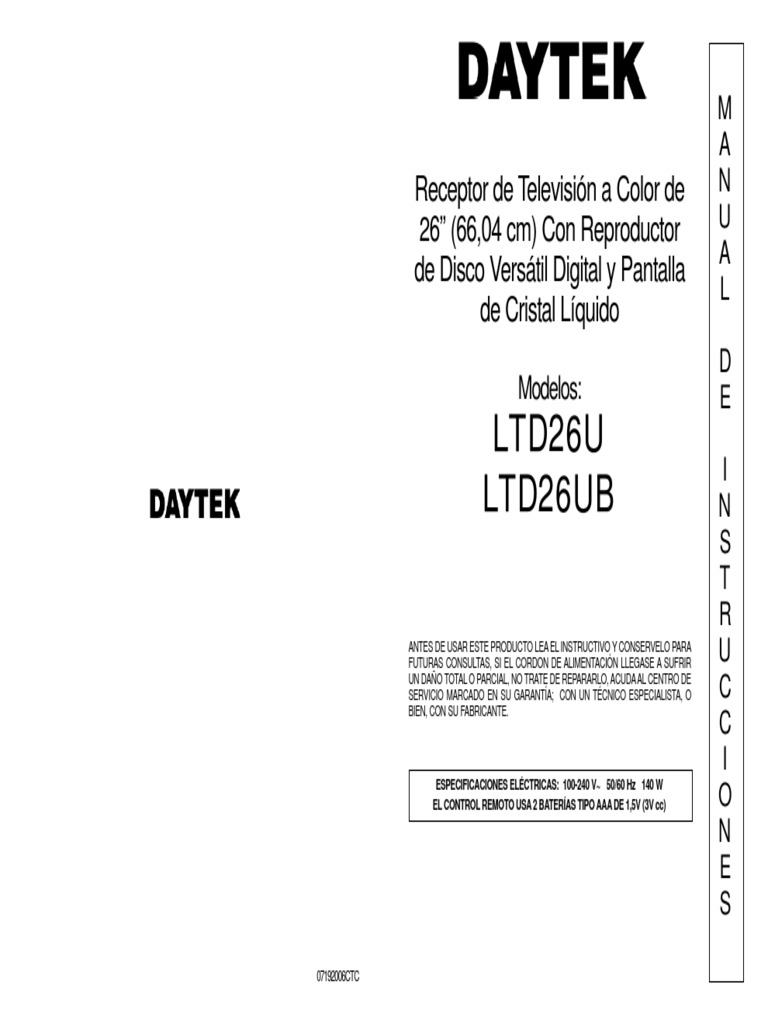 Manual en Español Daytek TV/DVD | PDF | Enchufes y tomas de corriente ...