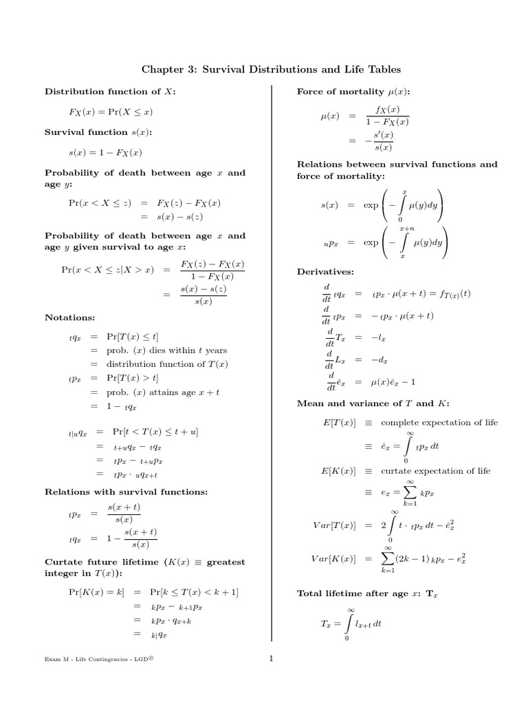 Chapter 3 Survival Distributions and Life Tables Exam M Notes F05 | PDF
