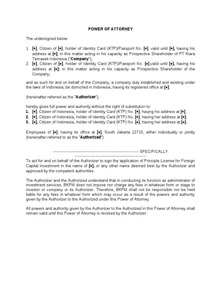 Draft of Power of Attorney (BKPM) | PDF | Government Information ...