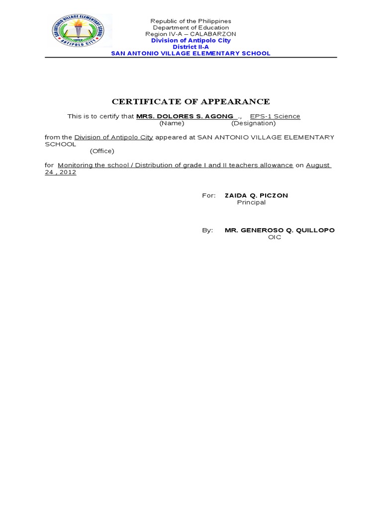 Certificate of Appearance