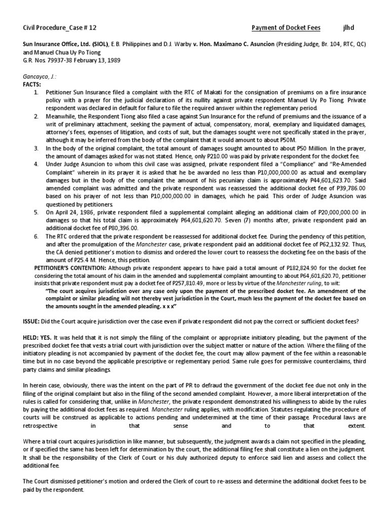 Sun Insurance Office LTD V Asuncion | PDF | Pleading | Complaint