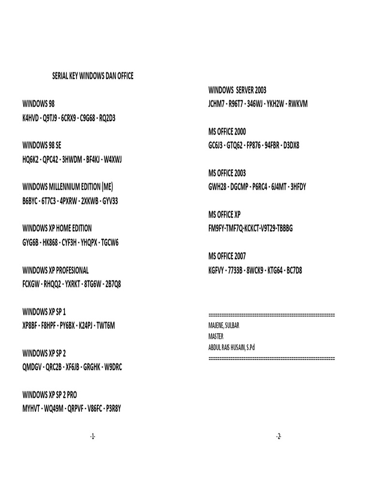 Windows 98 and Office Serial Keys | PDF | X86 Architecture | Windows Nt