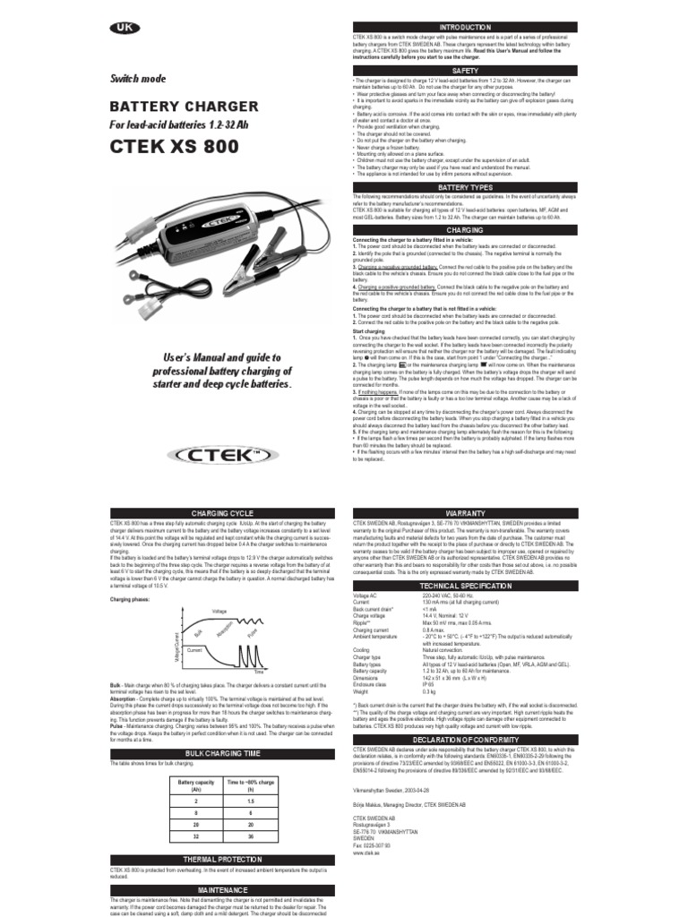 Ctek Xs 800 Battery Charger | PDF | Battery Charger | Manufactured Goods