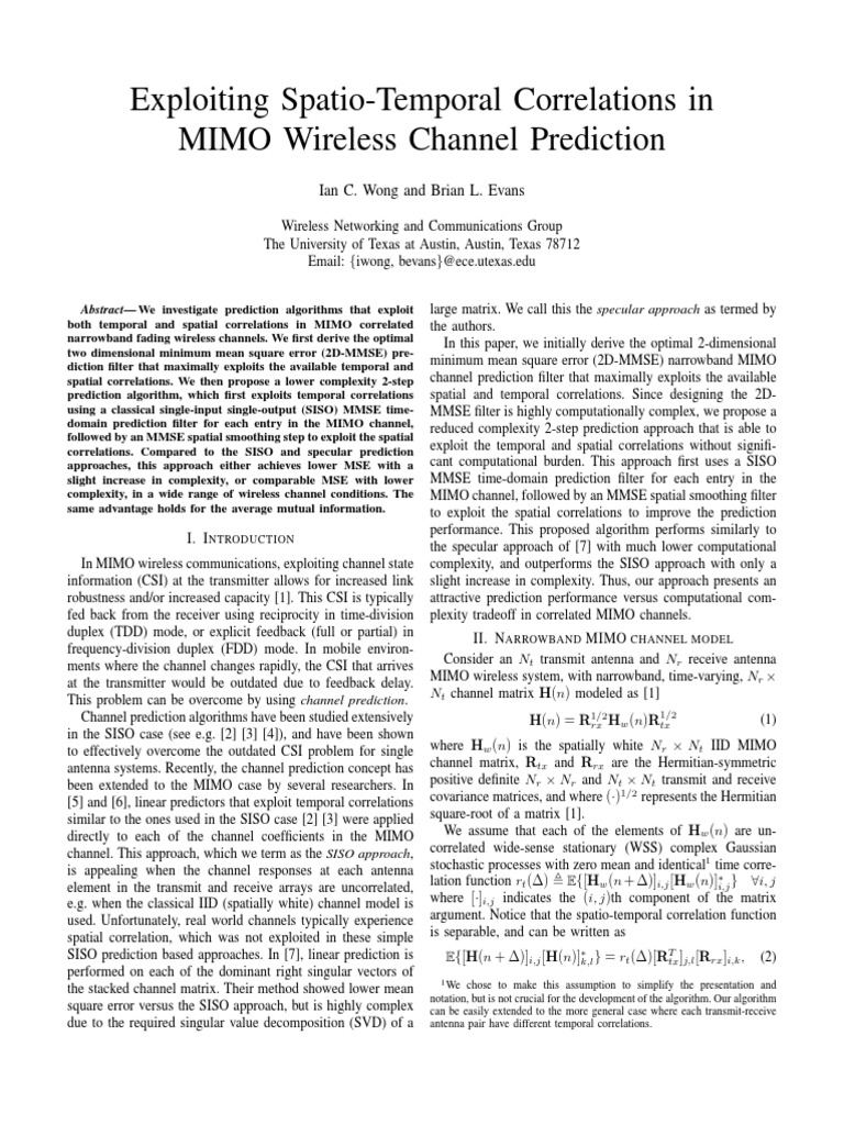 Exploiting Spatio-Temporal Correlations in MIMO Wireless Channel Prediction | PDF | Mimo ...