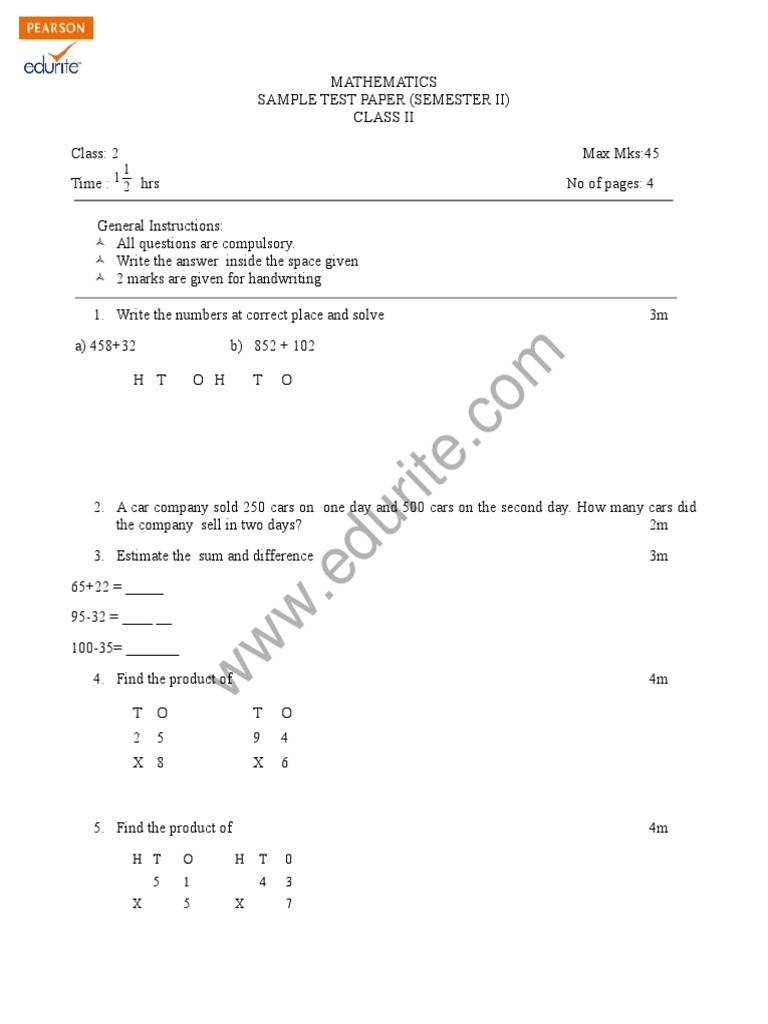 Cbse Class 2 Maths Sample Paper Term 2 Model 2 | PDF