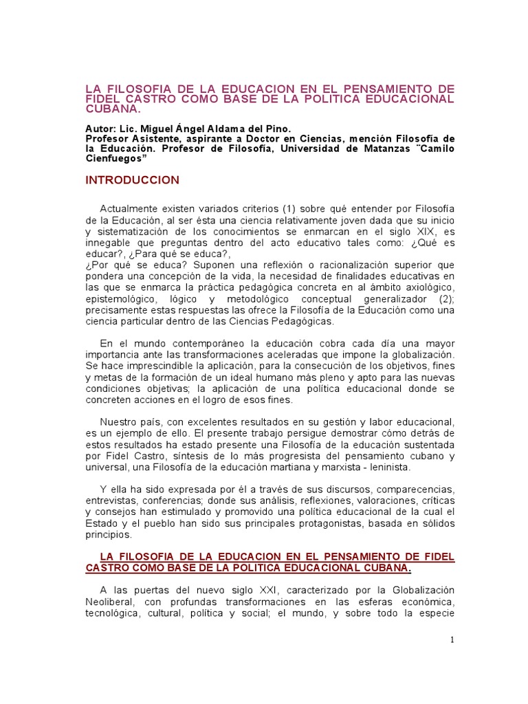Filosofía Educacional de Fidel Castro | PDF | Fidel Castro | Cuba
