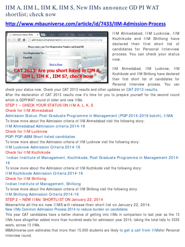 IIM A, IIM L, IIM K, IIM S, New IIMs Announce GD PI WAT Shortlist Check Now | PDF