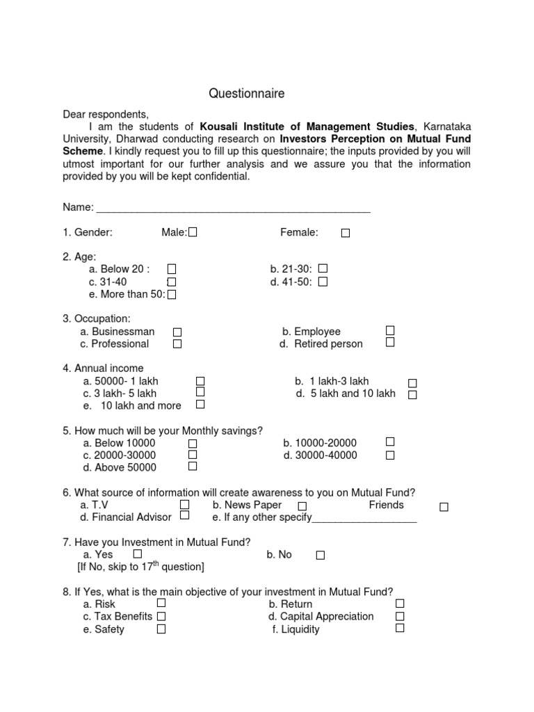 Questionnaire | Mutual Funds | Investing