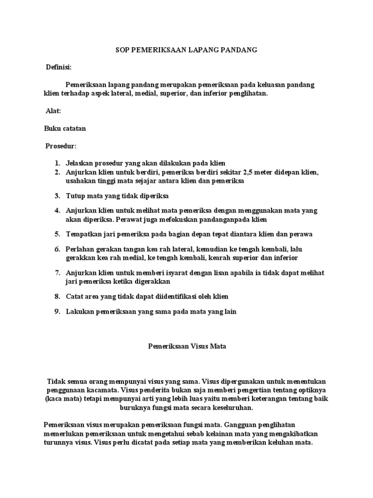 Sop Pemeriksaan Lapang Pandang | PDF